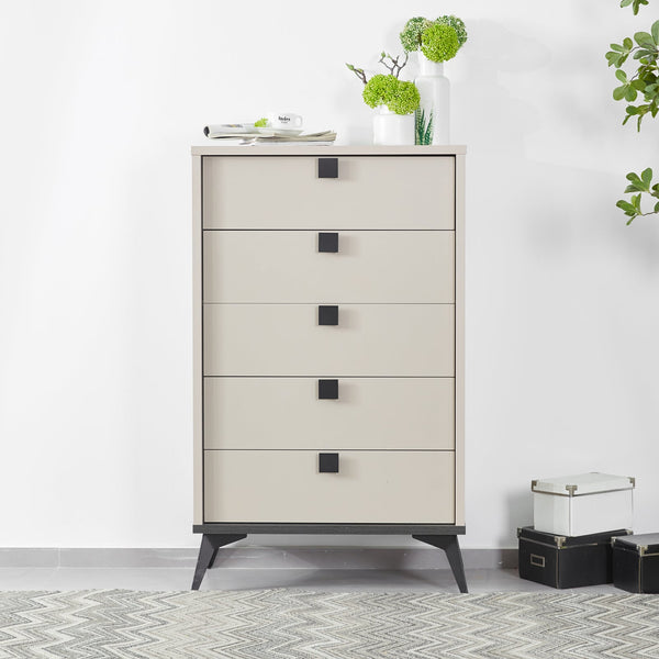 Maxwell Melamine Finish & Metal Legs Handles Tallboy with 5 Drawers