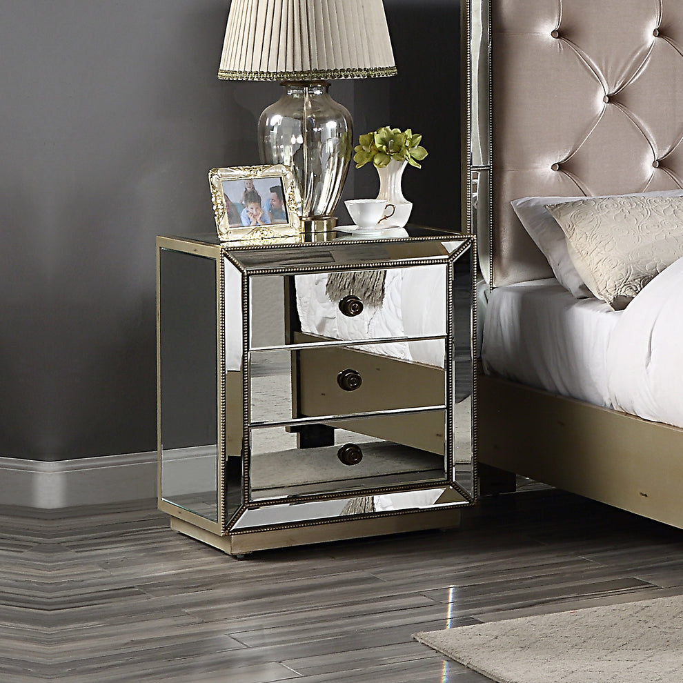 Germany Bedside Table MDF Antique Gold Colour Mirrored Work 3 Drawers